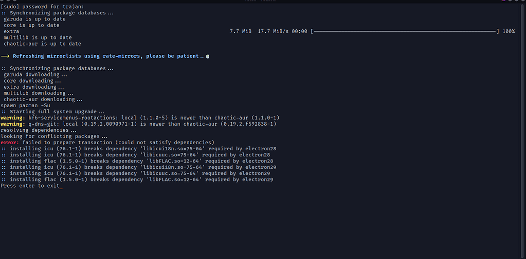 Update Failed | installing icu (76.1-1) breaks dependency 'libicui18n.so=75-64' required by ...